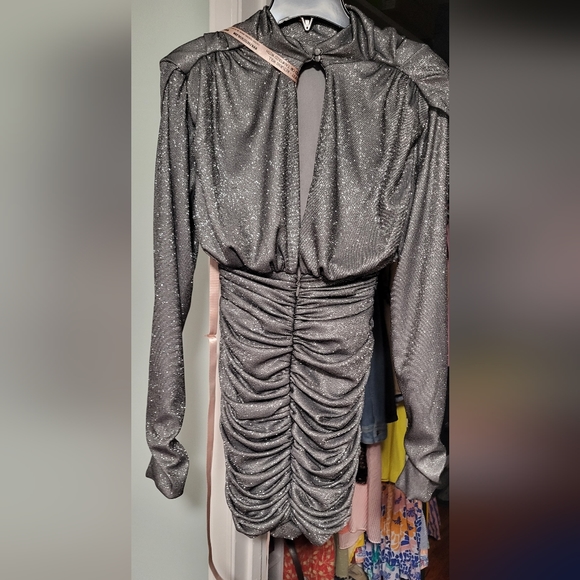 House of CB | Dresses | House Of Cb Irena Silver Sparkle Draped Mini ...